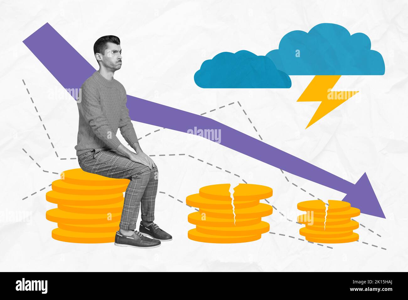 Creative poster collage of sad depressed young man investor sit golden ...