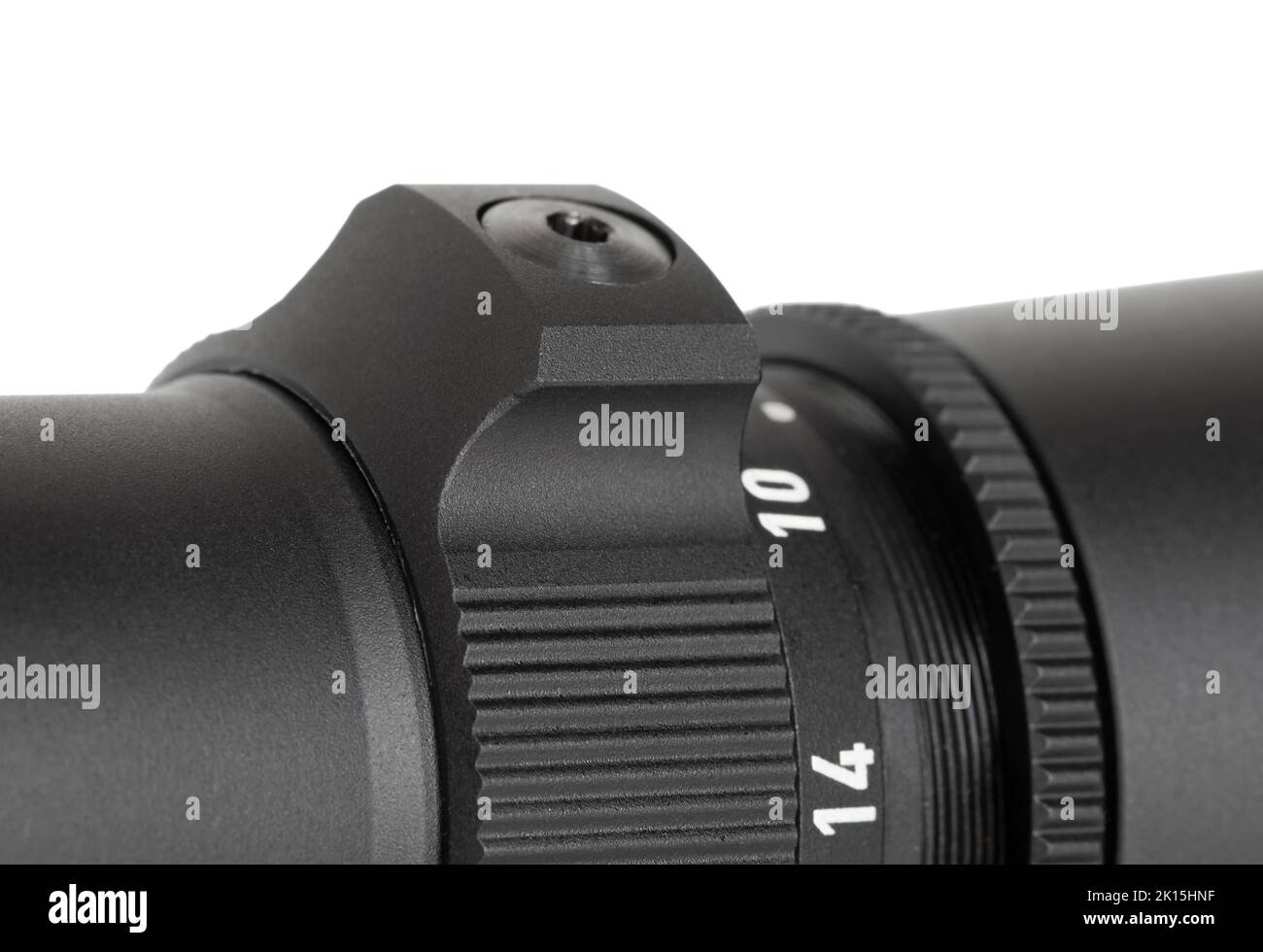 Bump on the magnification ring of a rifle scope isolated on white Stock ...