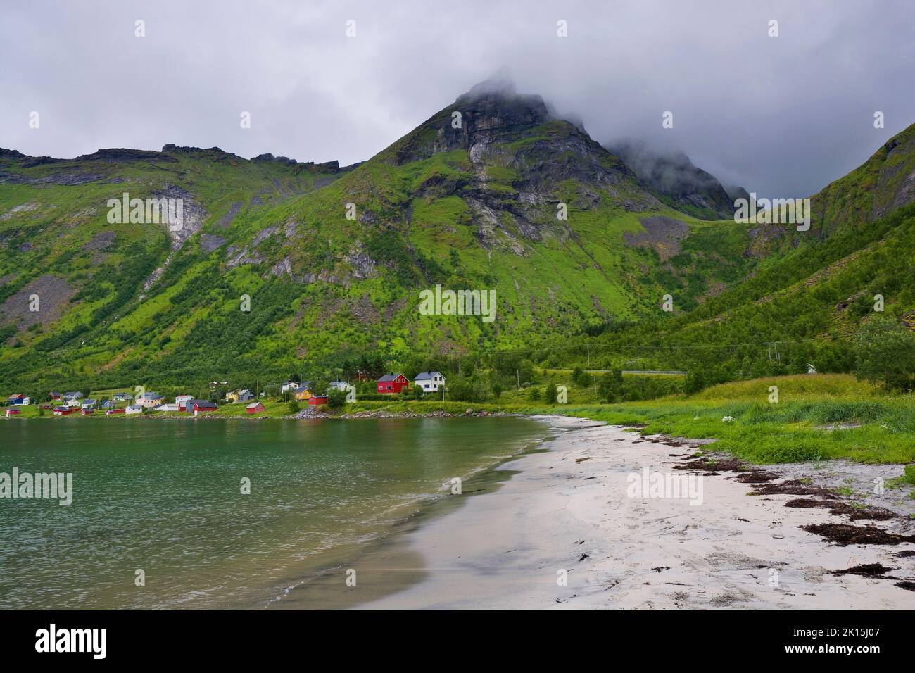 Steinfjord beach on Senja with mountains hidden in clouds in the ...
