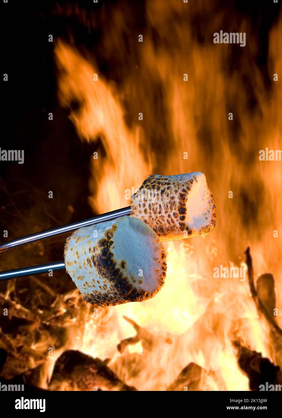 Two marshmallows being roasted to make smores over a campfire Stock ...