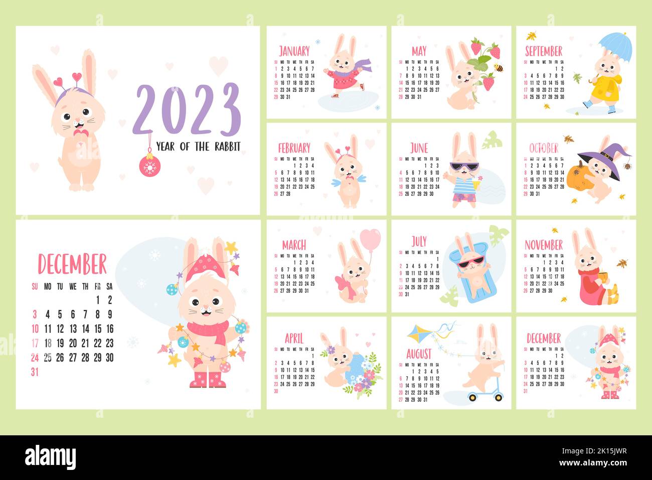 Annual monthly rabbit calendar 2023 with cute Easter bunny, halloween ...