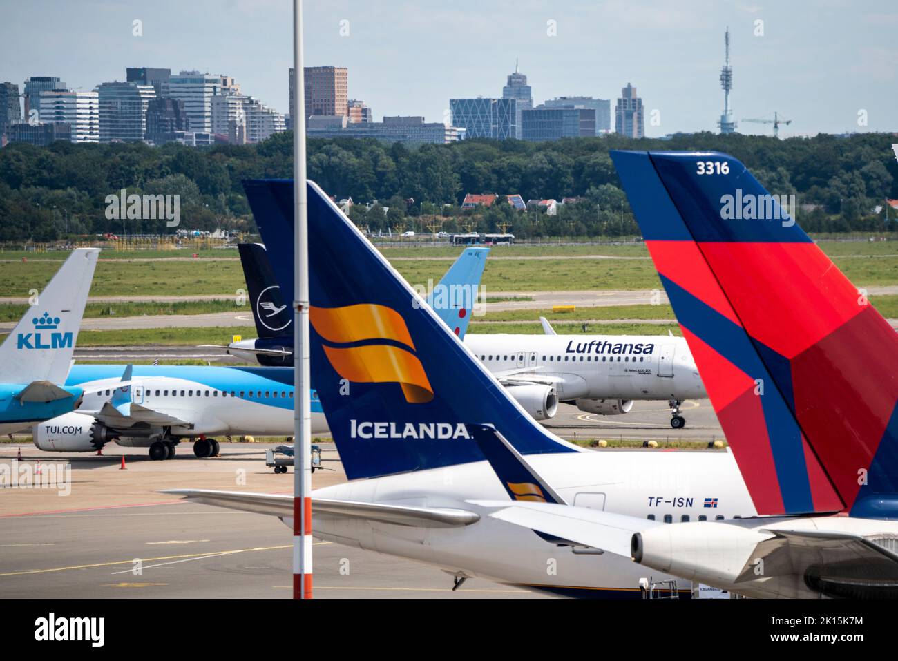 Amsterdam Schiphol Airport, aircraft at terminal, Gates D, check-in ...