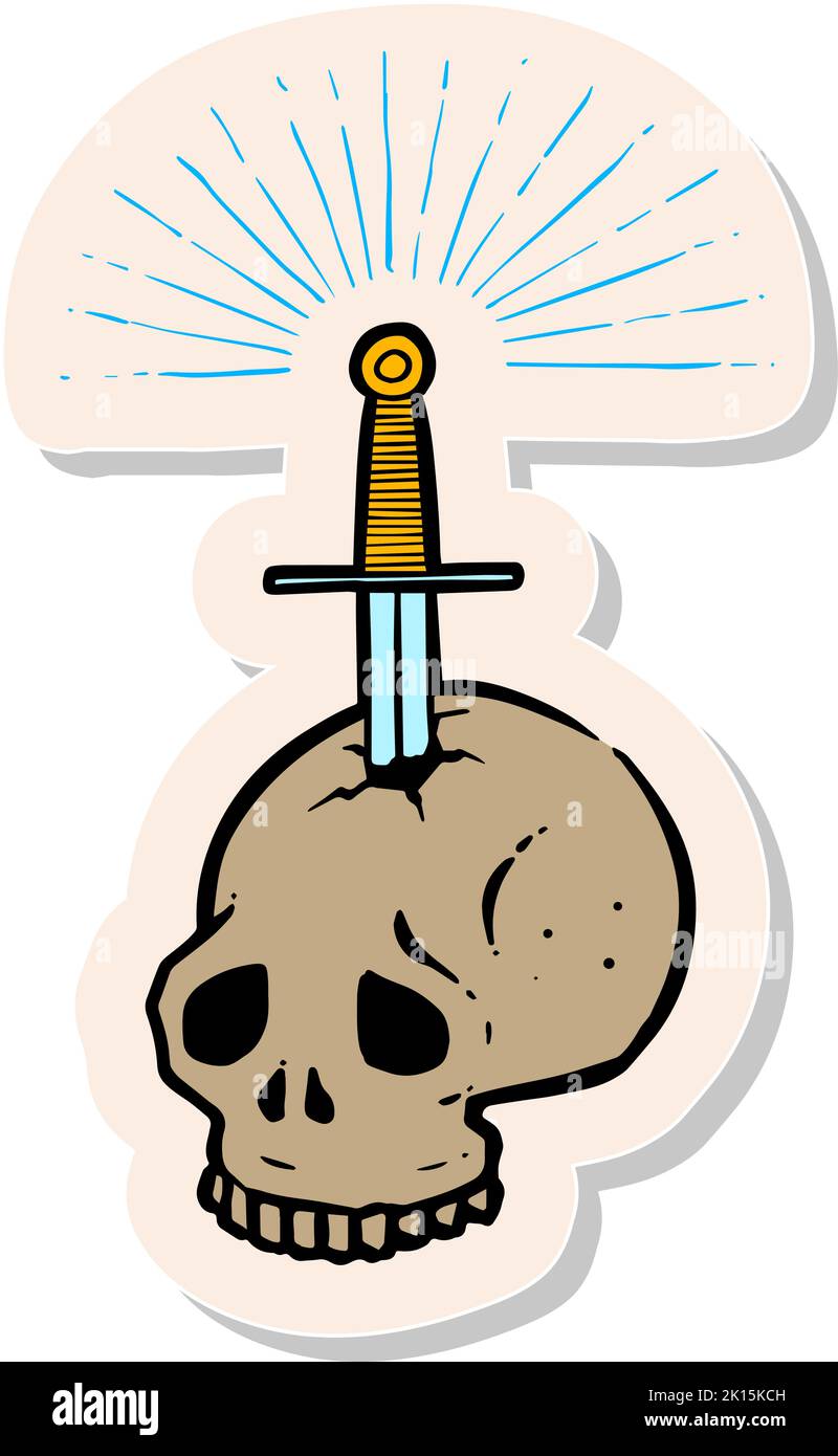 Hand drawn stabbed skull by a sword in sticker style vector ...