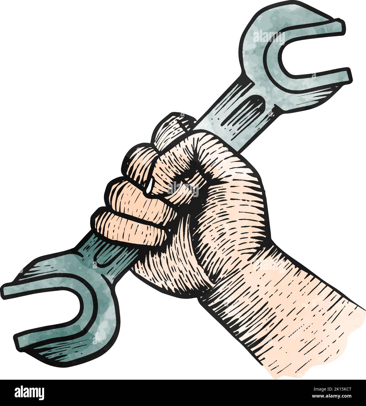 Watercolor style hand holding spanner wrench wood engraving drawing ...
