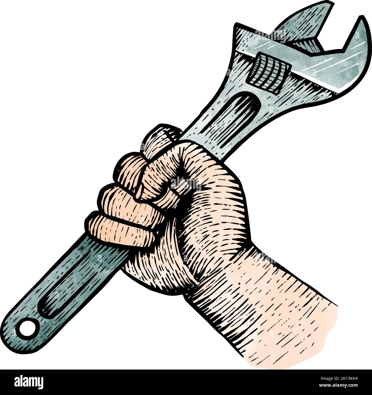 Watercolor style hand holding adjustable wrench wood engraving drawing ...
