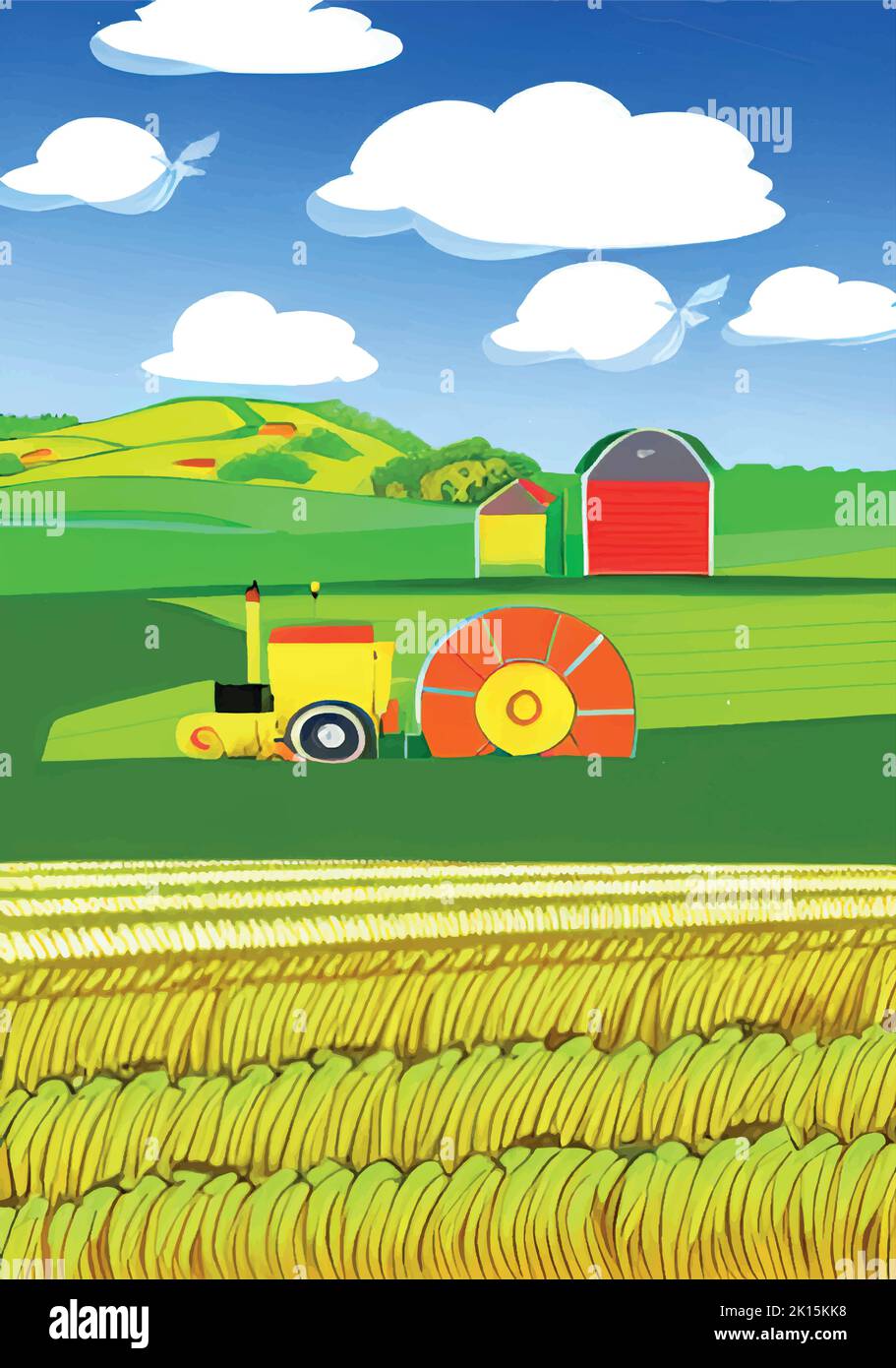 A colorful graphic drawing of an agricultural landscape with a tractor ...