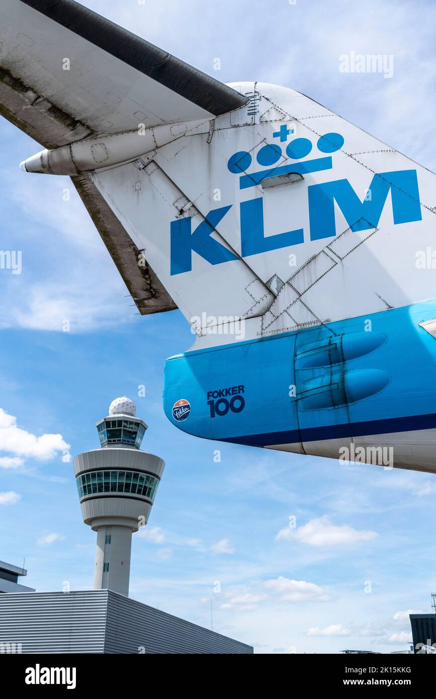 Amsterdam Schiphol Airport, visitors terrace, old Fokker KLM plane, air ...