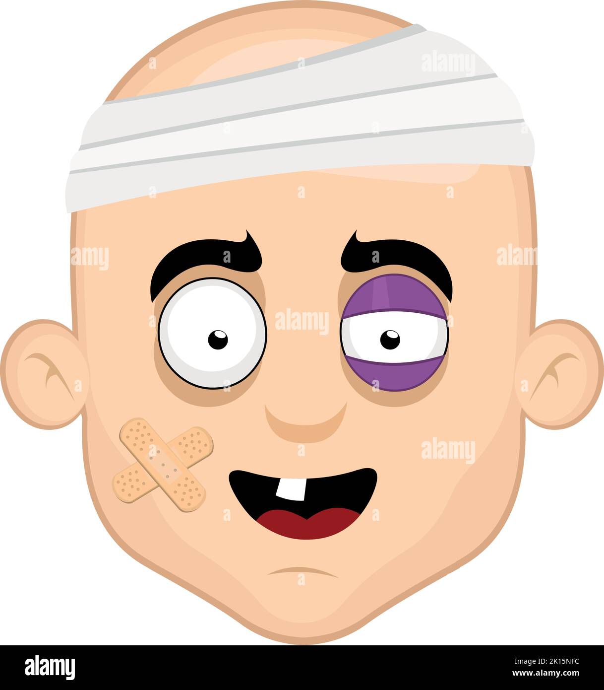 Vector illustration of the head of an injured man, with a bandage on his head, a black eye ...