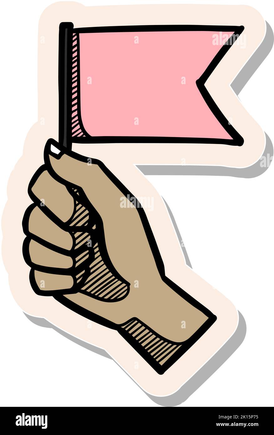 Hand drawn hand holding small flag with copy space in sticker style ...