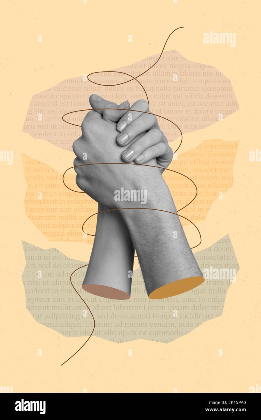 Vertical creative collage image of two people man woman holding arms ...
