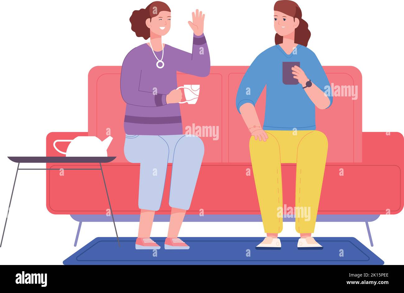 Women talking on couch. Friends drink coffee at home isolated on white ...