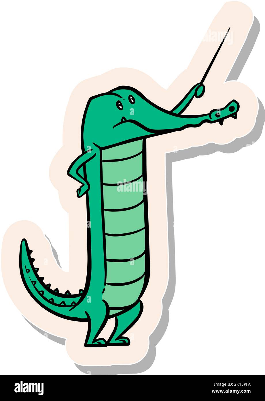 Hand drawn crocodile holding stick in sticker style vector illustration ...