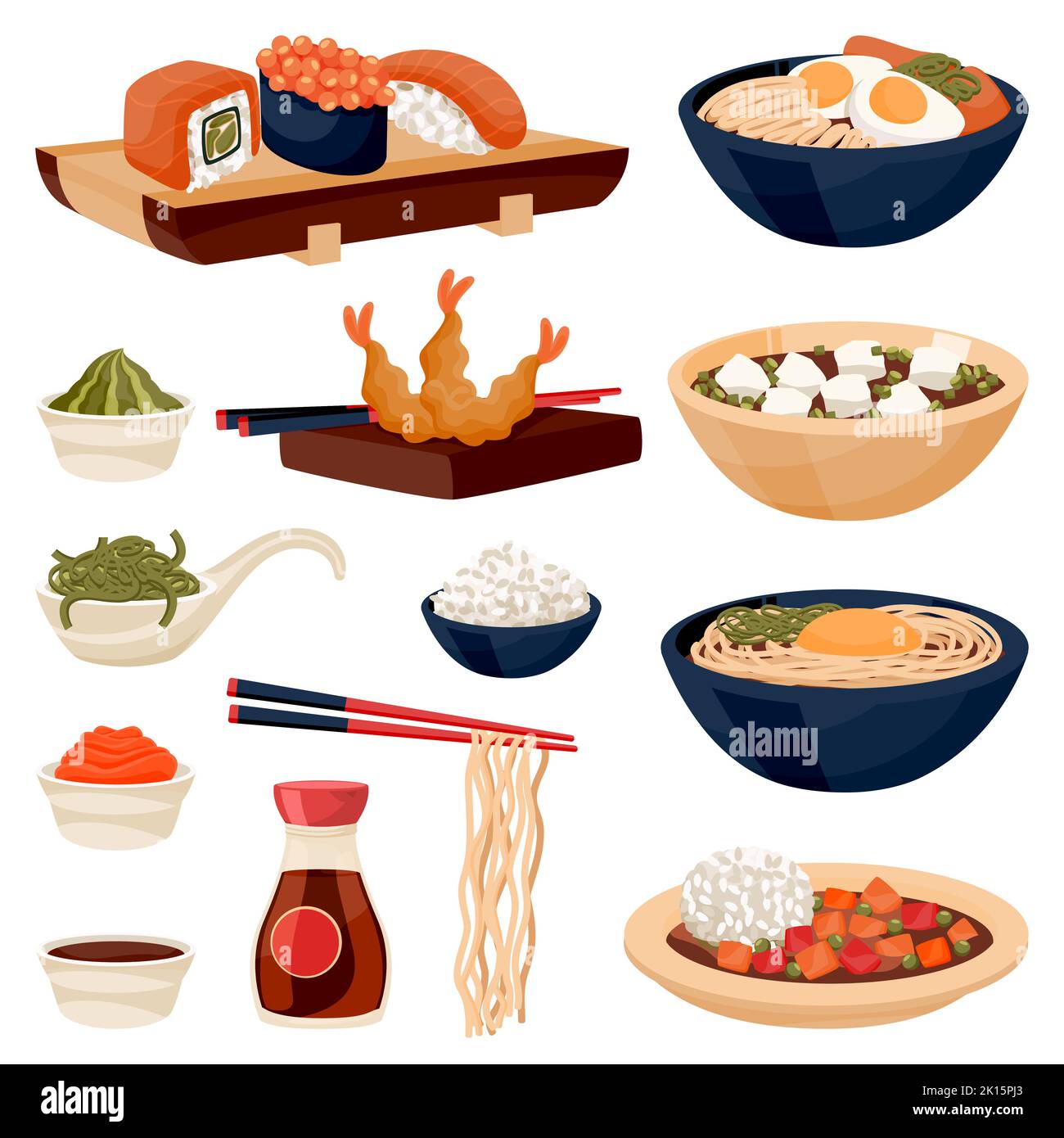 Japanese traditional meal isolated on white background. Sushi, ramen ...