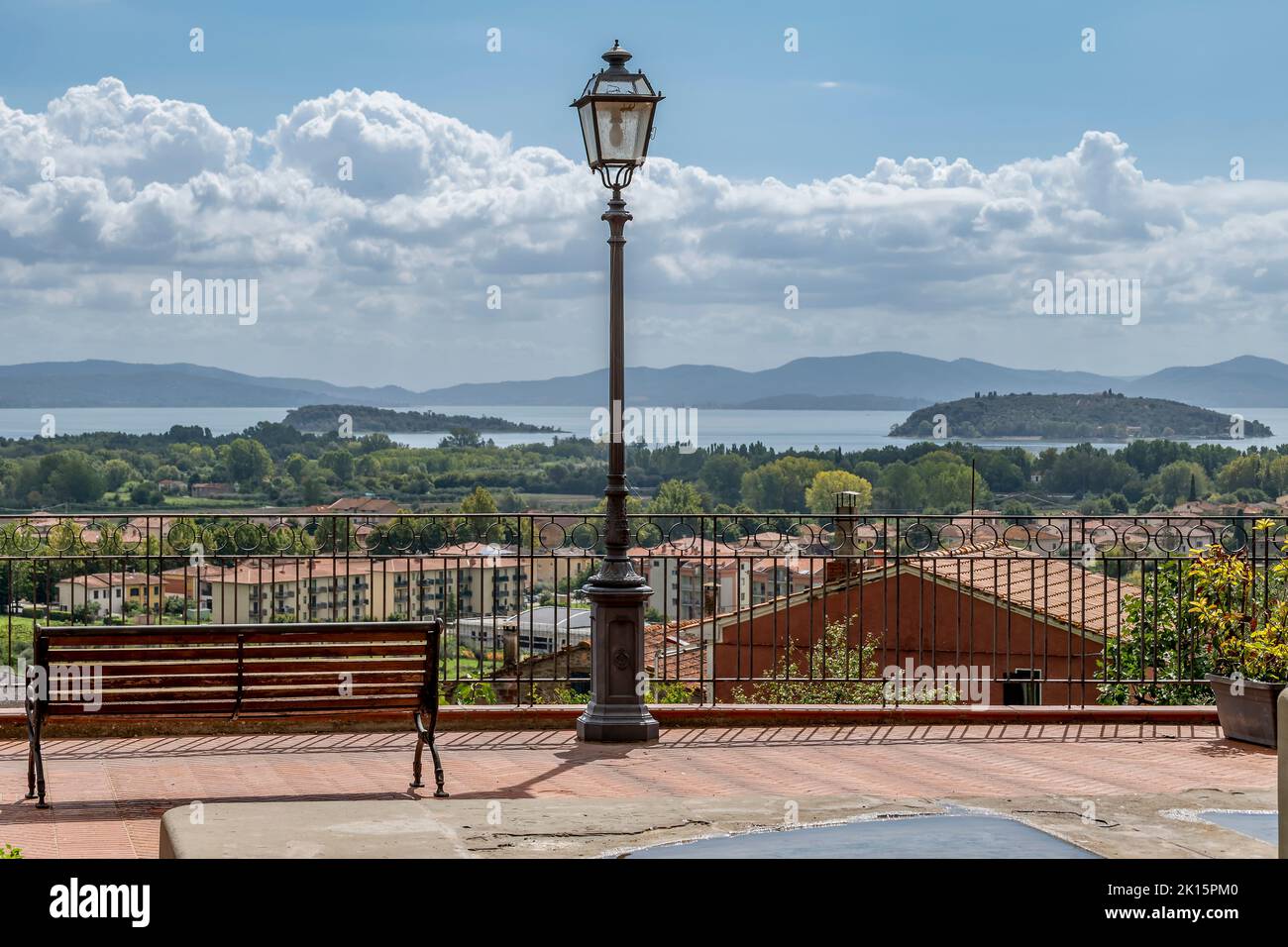 Panoramic view of Lake Trasimeno from a terrace in the historic center ...