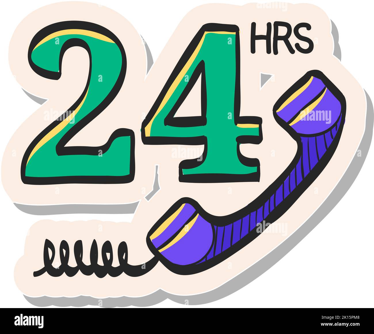 Hand drawn 24 hours service icon in sticker style vector illustration ...