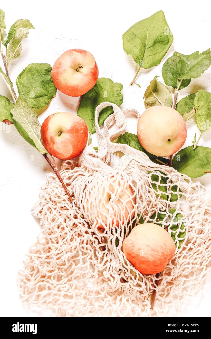 Apples in an eco-friendly grid. Autumn composition. natural farm ...