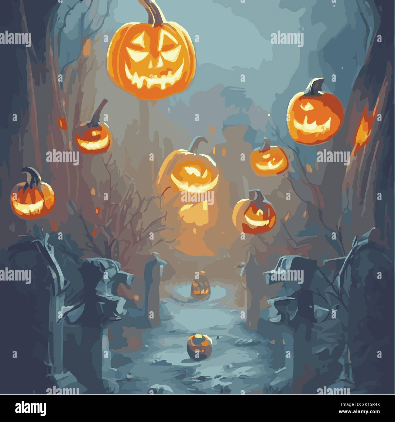 Halloween night in fantasy style. Happy Halloween background with scary pumpkin in graveyard ...