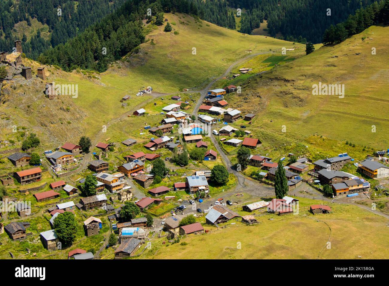 An aerial view of old houses in Omalo village in Tusheti, Georgia Stock ...