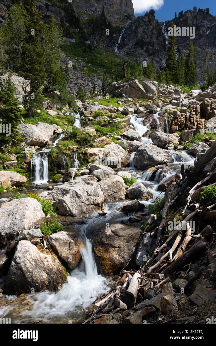 Waterfalls pouring over cliffs and rocks lining the South Fork of Cascade Canyon. Grand Teton ...