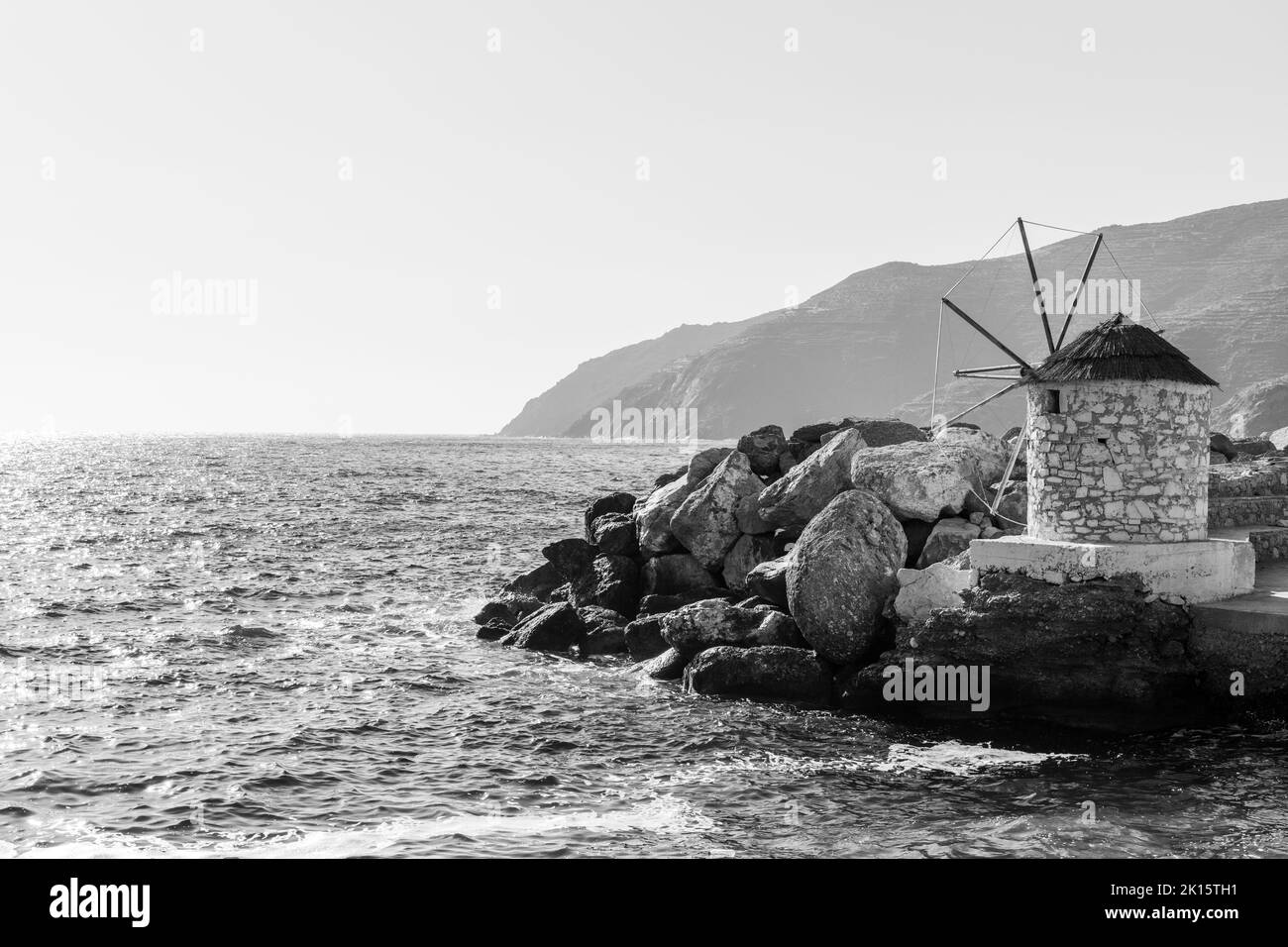 The Traditional Greek windmill on Amorgos island, Greece, grayscale ...