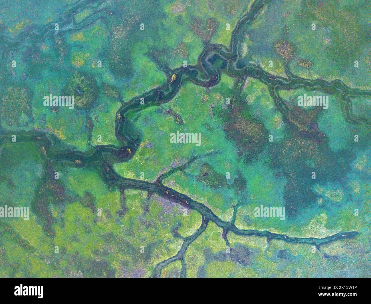 Closeup of dark veins and brown inclusion in green copper ore deposit ...