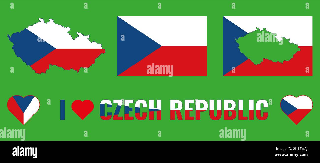 Set of vector illustrations with Czech Republic flag, country outline ...