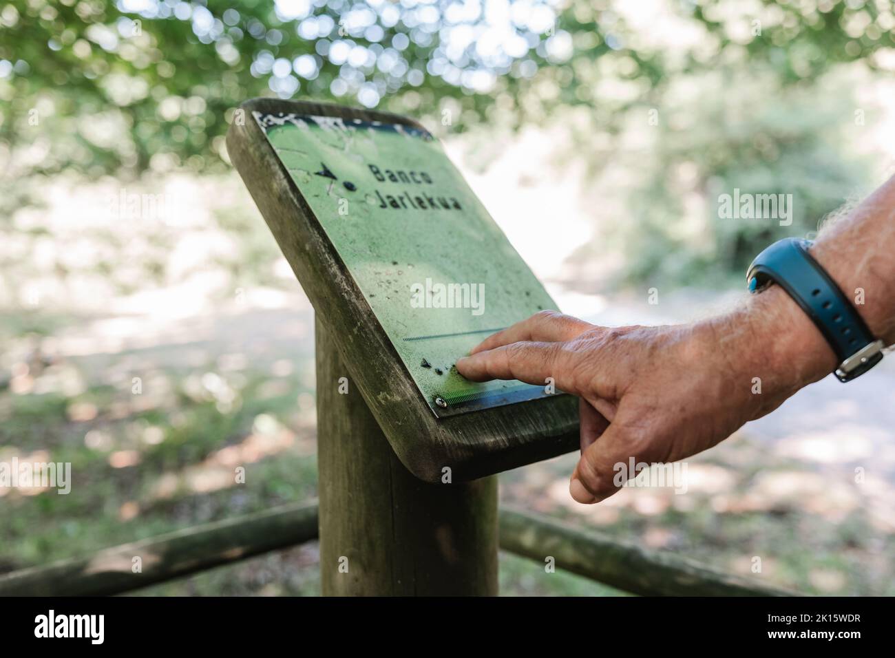 Cropped anonymous blind elderly traveler touching and reading braille ...