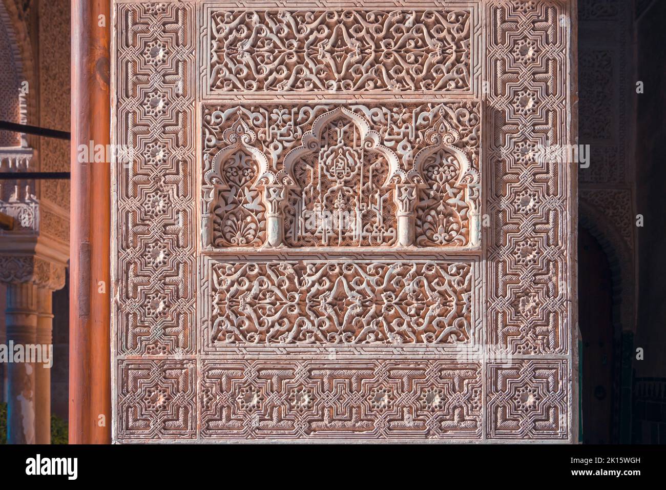 Various arabesque decorations carved on stone wall of old Arabic palace ...