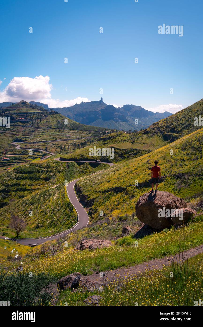 Back view of male adventurer standing on rock in highlands and enjoying ...