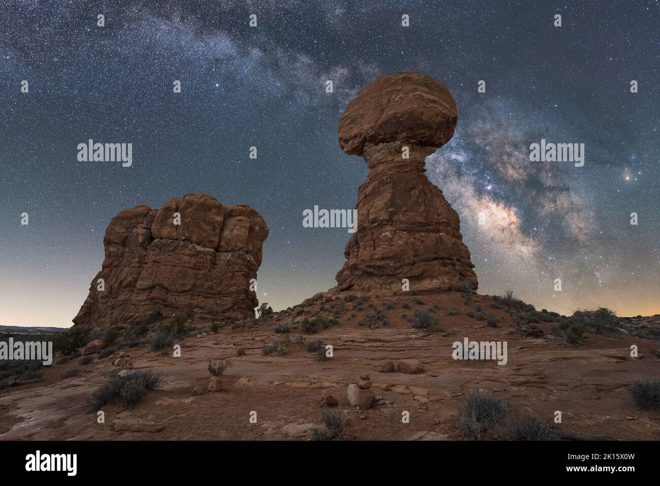 Low angle of Balanced Rock formation located against glowing Milky Way ...