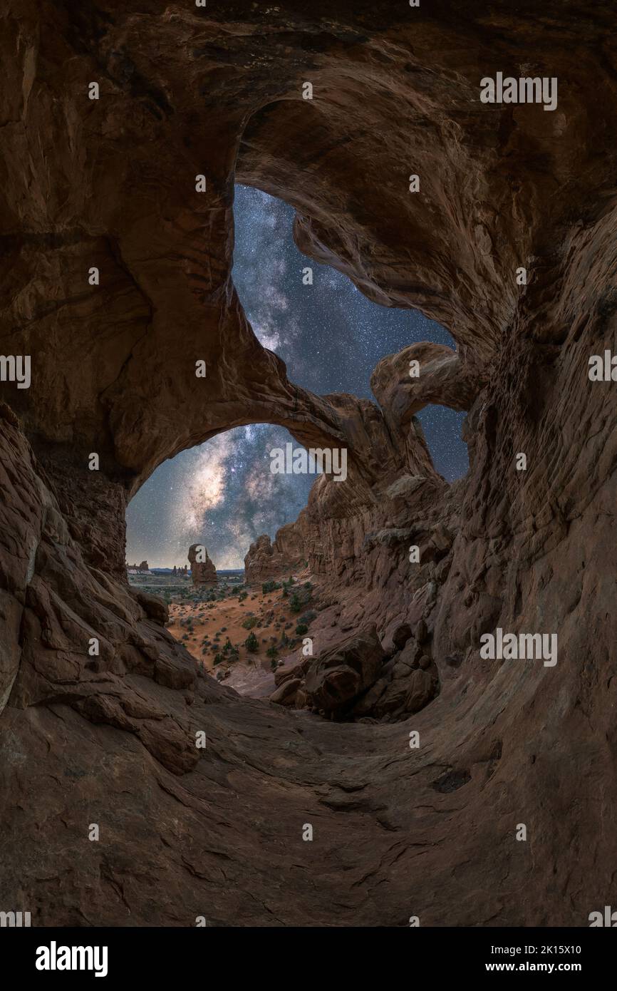 Breathtaking view of arid Arches National Park through rough Double ...