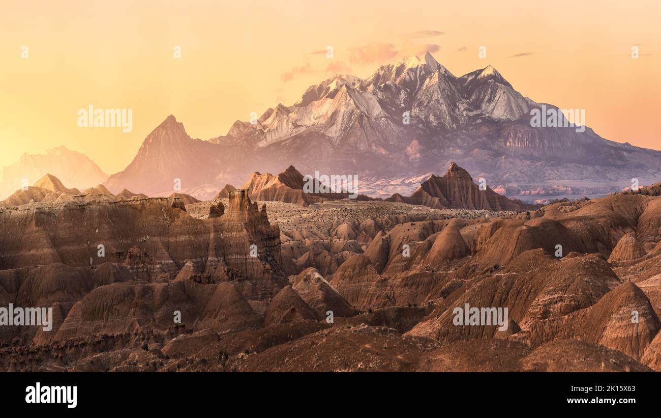 Breathtaking view of snowy peaks of Mount Pennell located behind uneven ...