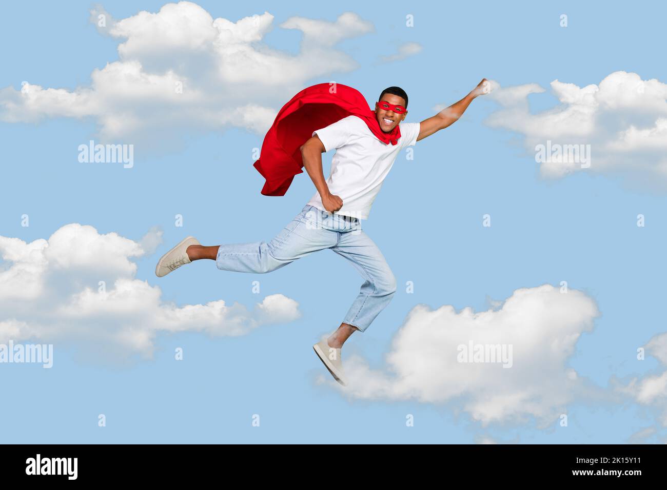 Creative abstract template collage of excited strong man flying high ...