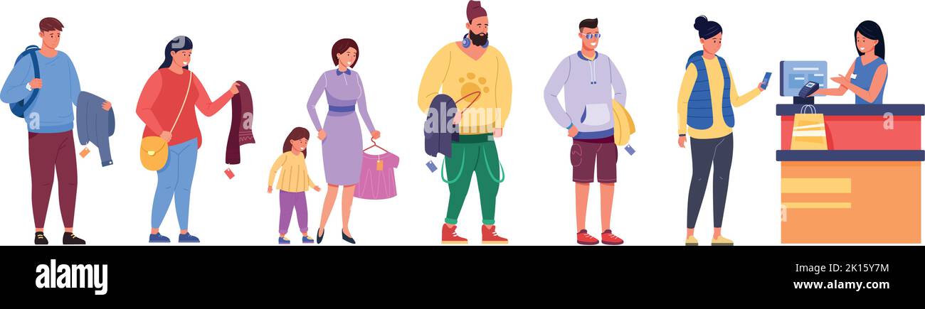 People waiting in line to cashier in clothing store isolated on white ...