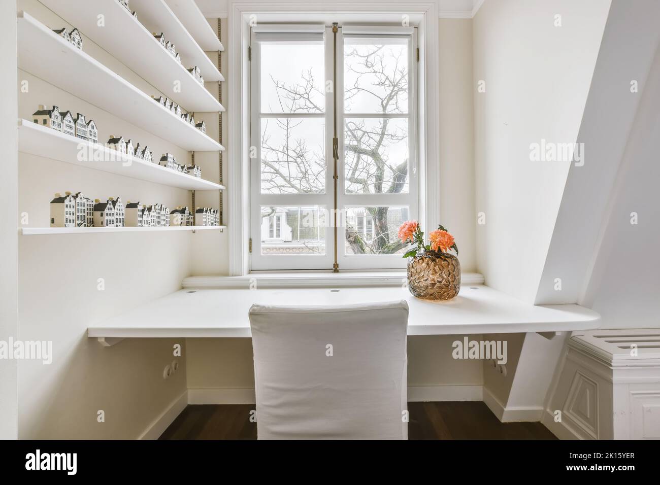 Modern open and light workplace studio in luxury house with big window ...