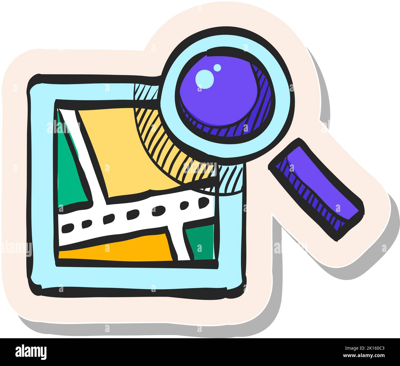 Hand drawn Road map icon with loupe in sticker style vector ...