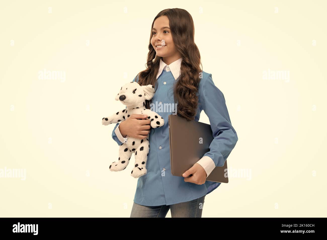 happy childhood. happy child isolated on white. toy and computer. kid ...