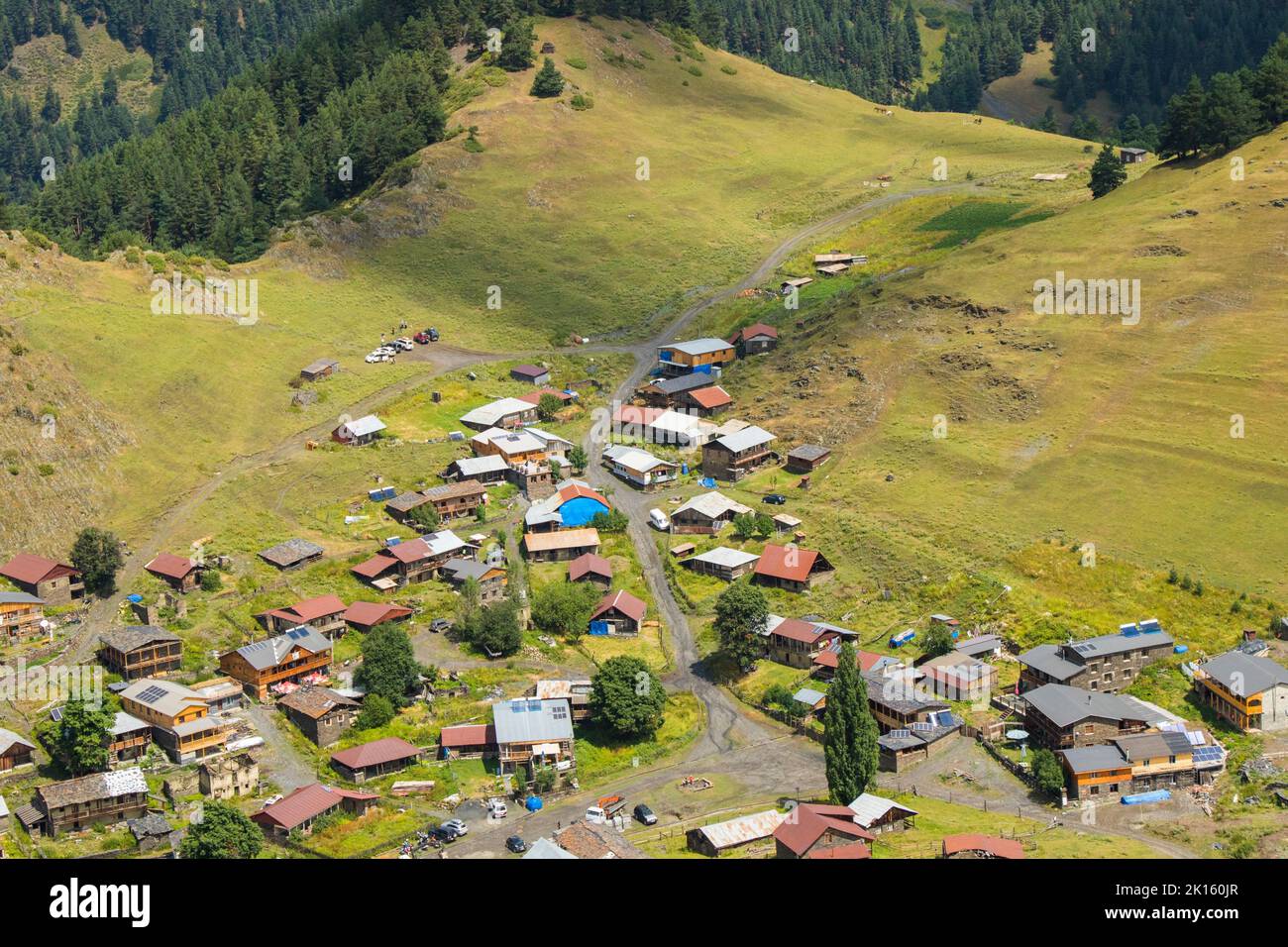 An aerial view of old houses in Omalo village in Tusheti, Georgia Stock ...