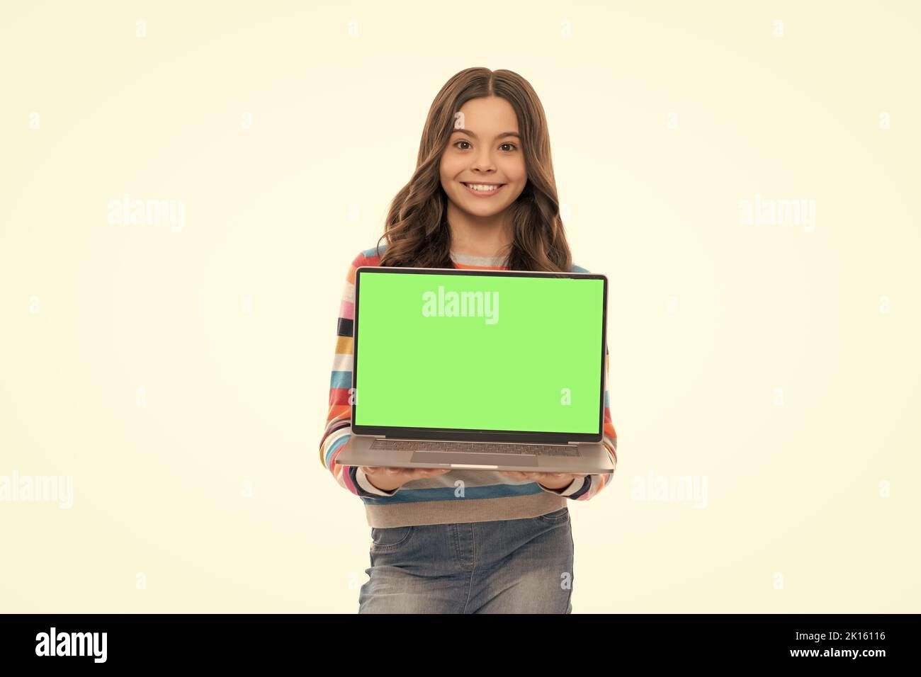 happy teen girl study online education making presentation on computer ...