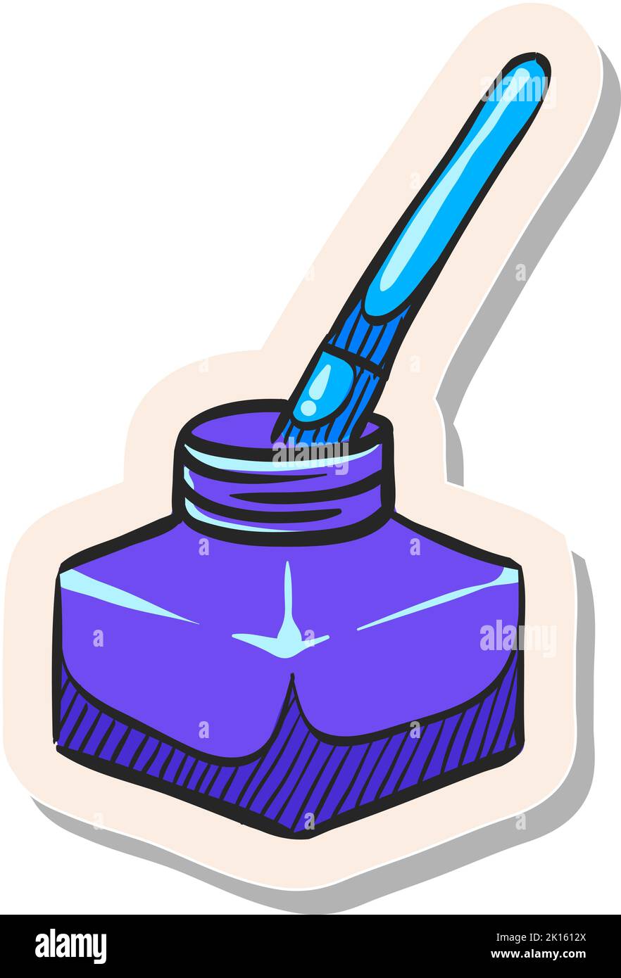 Hand drawn Ink pot icon with brush in sticker style vector illustration ...