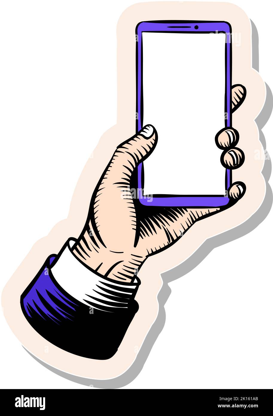 Hand drawn hand holding smart phone template vintage sketch in sticker ...