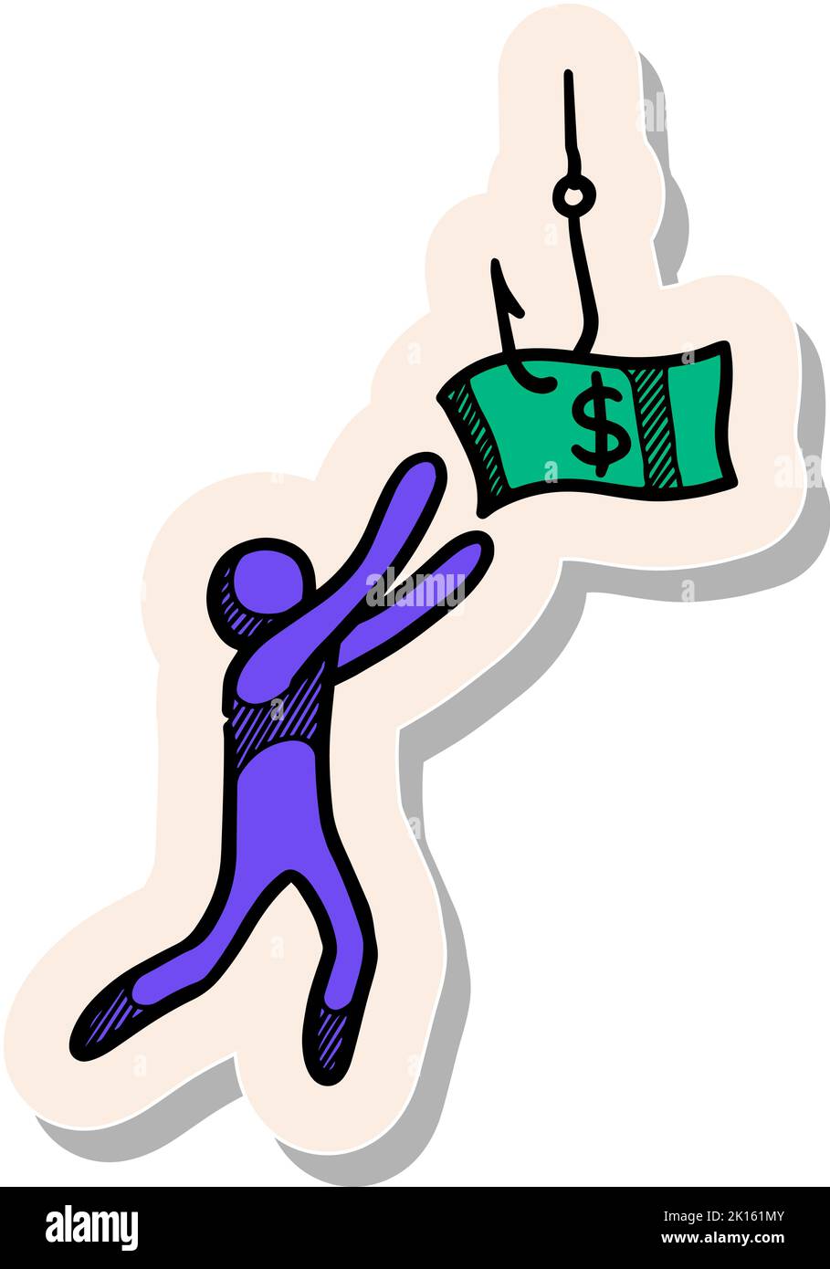 Hand drawn man chasing dollar bait icon in sticker style vector ...