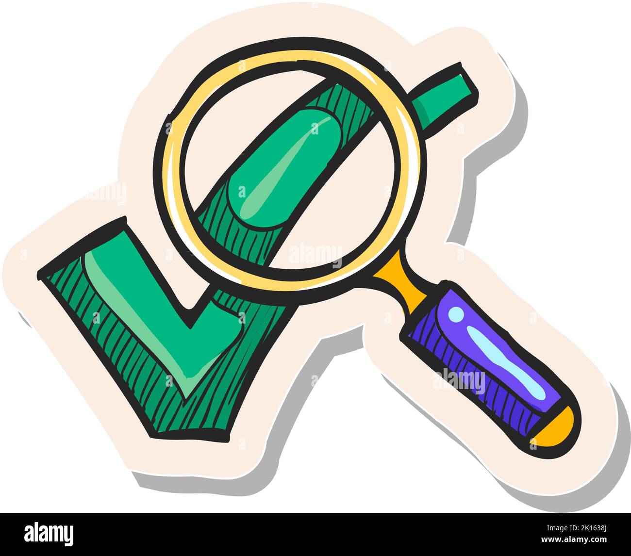 Hand drawn Magnifier check mark icon in sticker style vector ...
