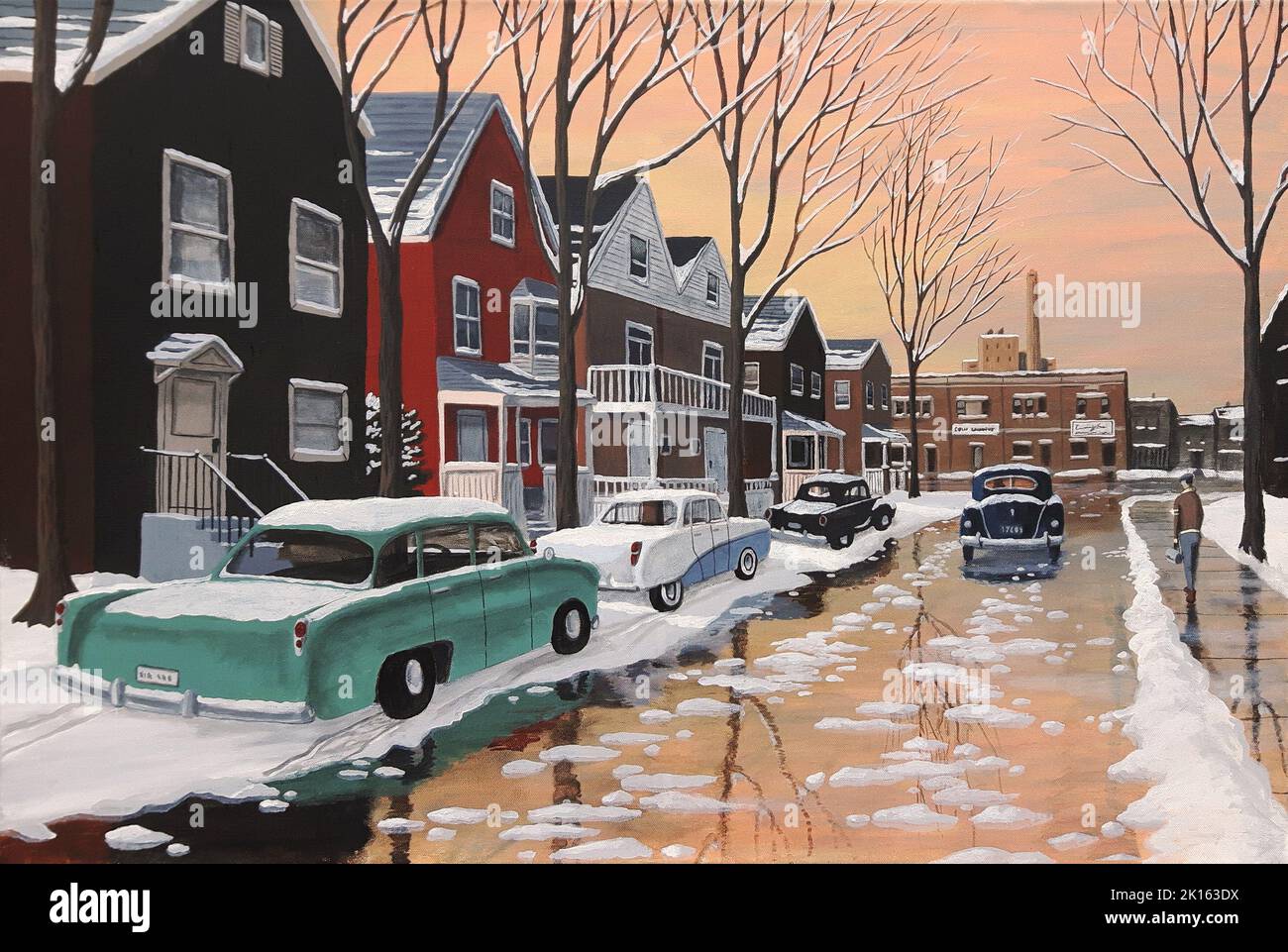 Retro 1950s scene of a man walking to work along a Hamilton, Canada ...