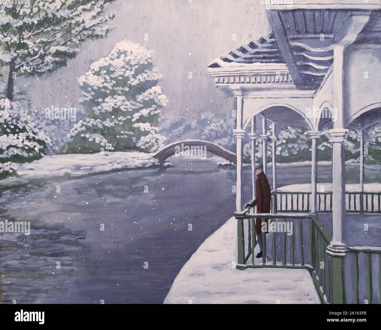 Vintage scene of a light snowfall covering the pavilion and other ...