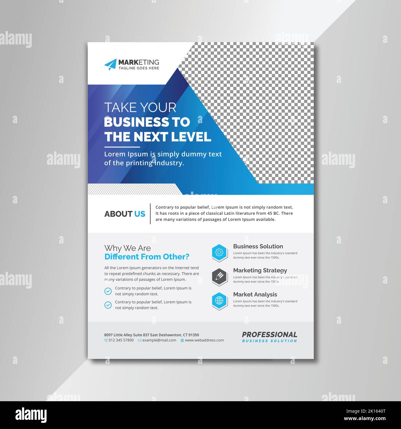 A modern corporate flyer mailer leaflet template layout on a gray ...