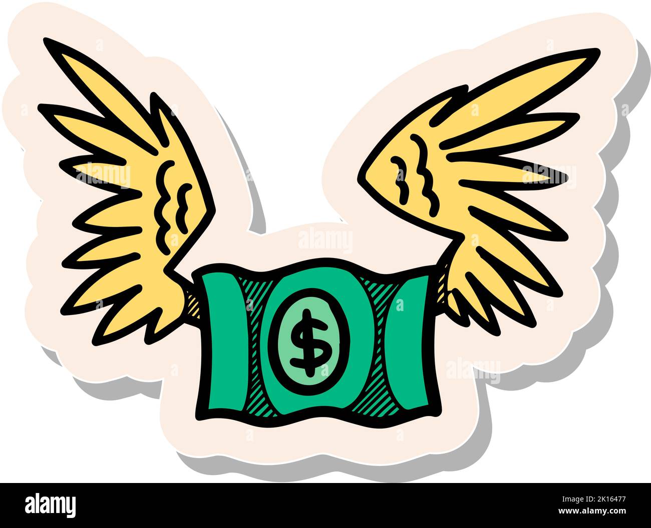 Hand drawn green flying dollar note icon in sticker style vector ...