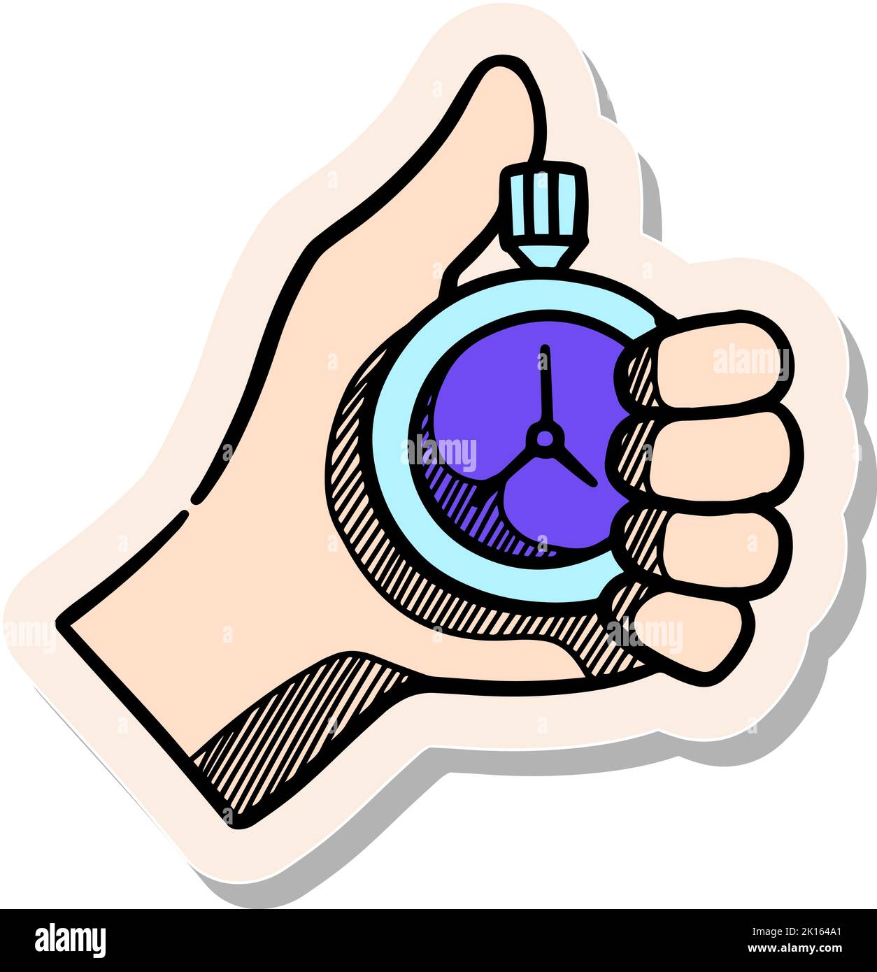 Hand drawn hand holding stopwatch icon in sticker style vector ...