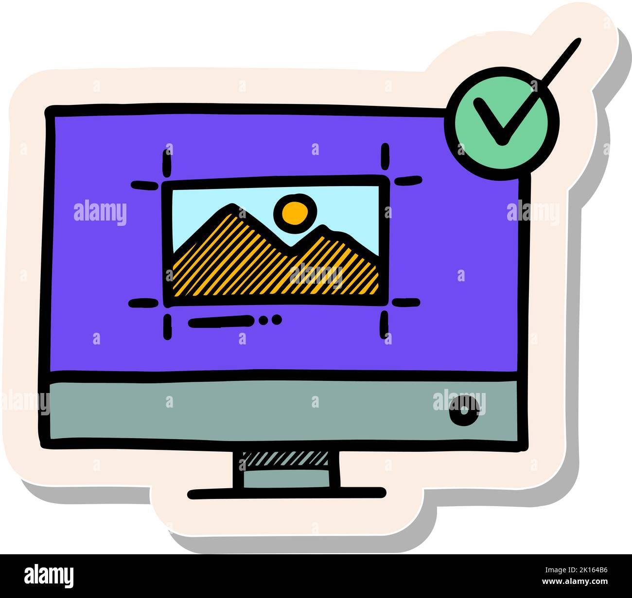 Hand drawn computer and check mark icon in doodle sketch lines in ...