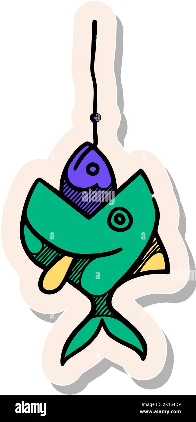 Hand drawn fish eating bait icon in sticker style vector illustration ...